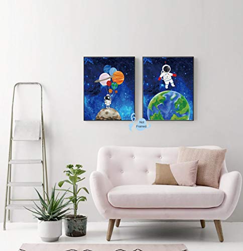 XUN Starry Outer Space Art Print-Galaxy Planets Astronauts Space Themed Canvas Wall Art(8"x10"x4pcs ,Unframed)-Perfect for Kids Boy Bedroom Decoration