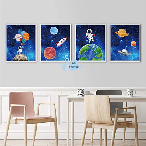 XUN Starry Outer Space Art Print-Galaxy Planets Astronauts Space Themed Canvas Wall Art(8"x10"x4pcs ,Unframed)-Perfect for Kids Boy Bedroom Decoration