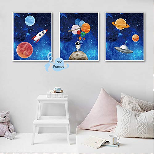 XUN Starry Outer Space Art Print-Galaxy Planets Astronauts Space Themed Canvas Wall Art(8"x10"x4pcs ,Unframed)-Perfect for Kids Boy Bedroom Decoration