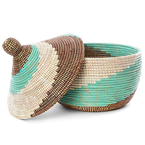 African Fair Trade Handwoven Warming Basket, Aqua, White, and Brown Spiral