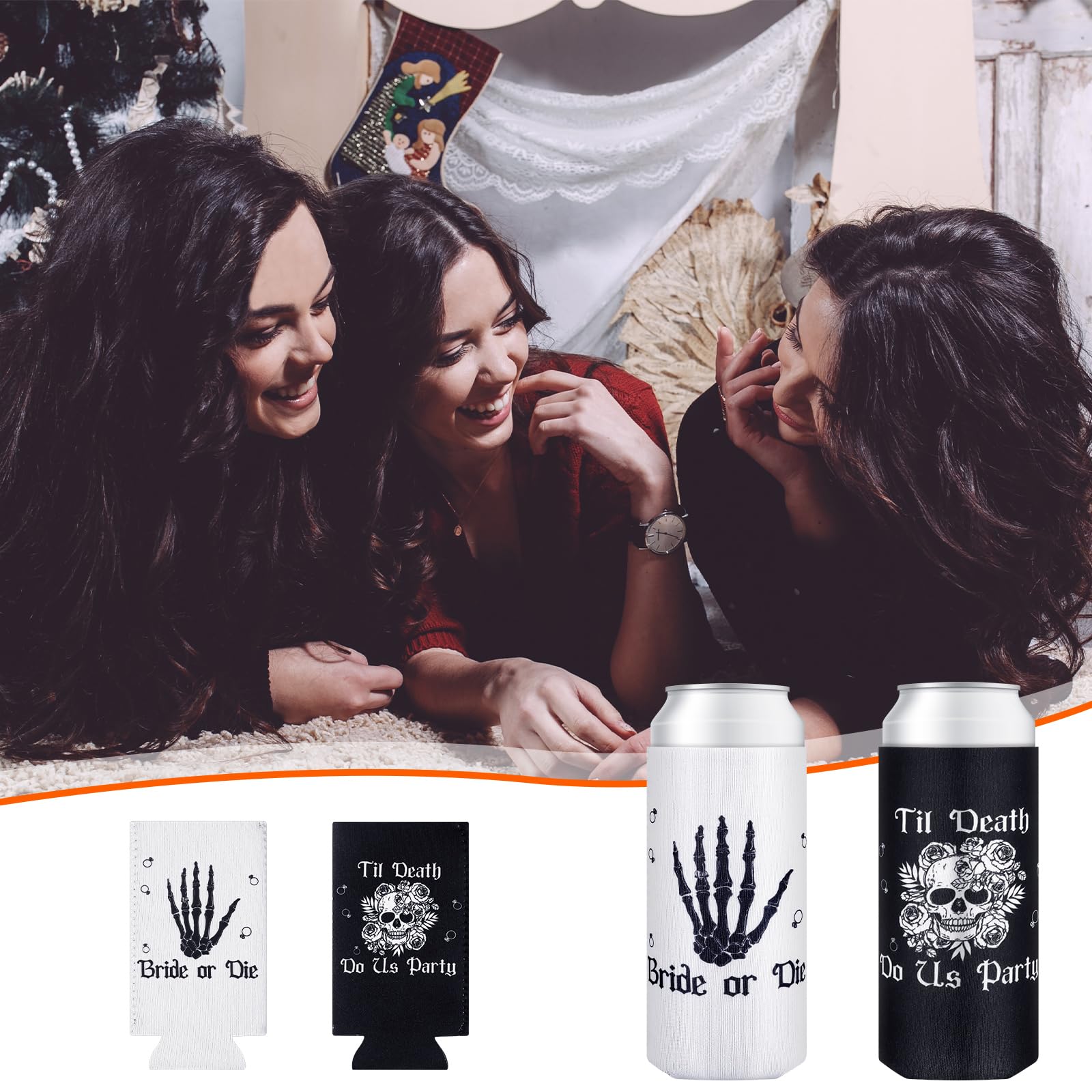 Dandat 12 Pcs Bride or Die Bachelorette Party Can Sleeves Till Death Beverage Sleeves Neoprene Drink Cans Covers Bride or Die Bachelorette Party Decorations Gothic Skeleton(White, Black)