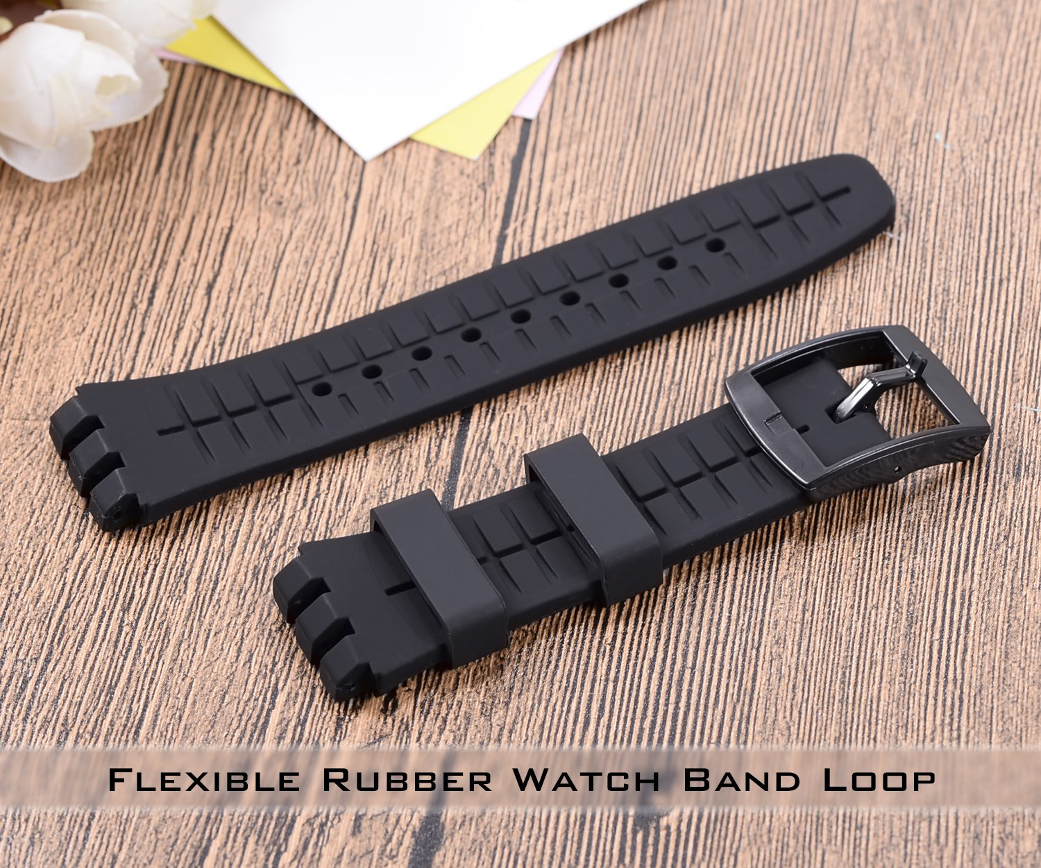 Adebena 6Pieces Rubber Watch Band Strap Loops Black Clear Replacement Resin Holder Retainer 18mm 20mm 22mm with Spring Bar Tools (16mm, Black)