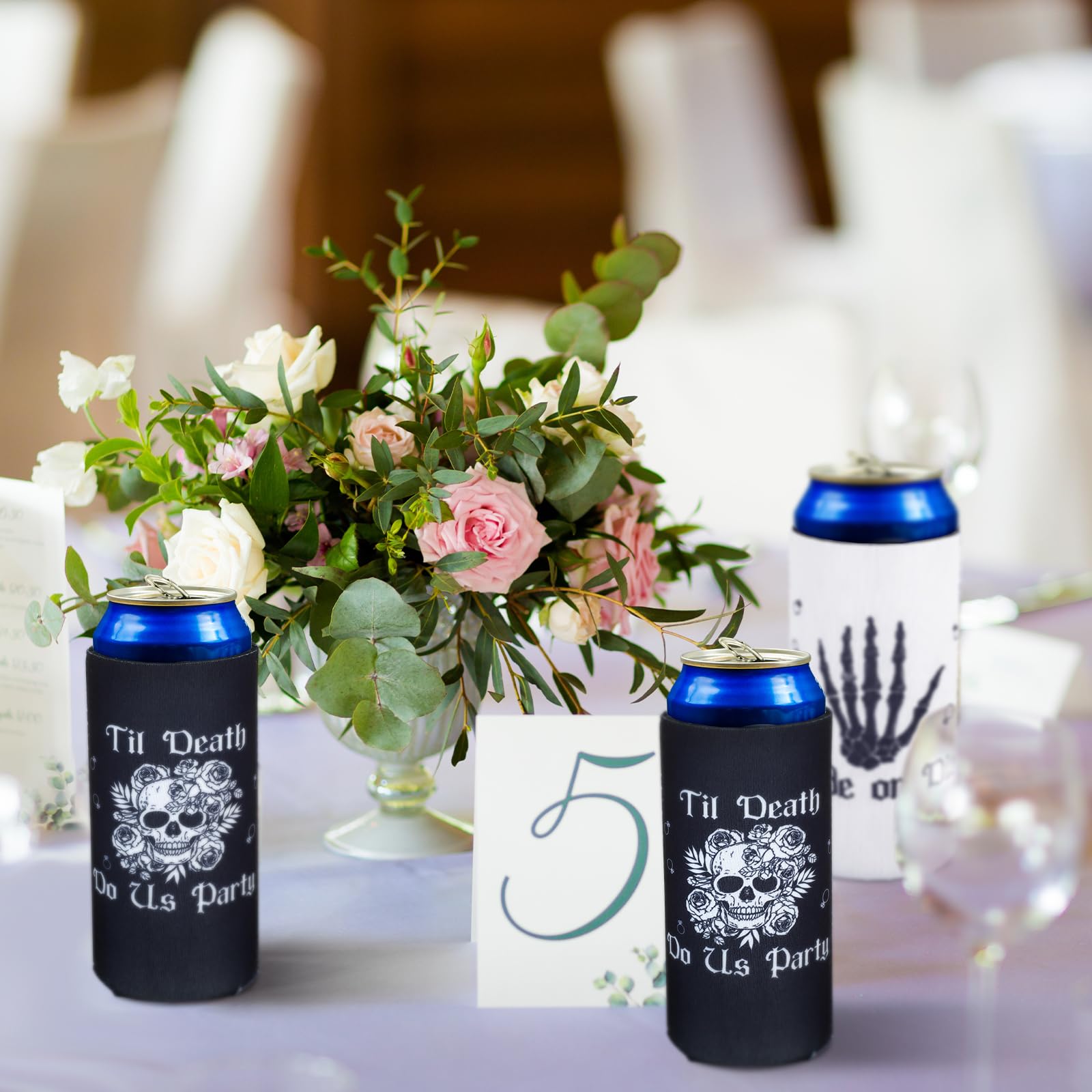 Dandat 12 Pcs Bride or Die Bachelorette Party Can Sleeves Till Death Beverage Sleeves Neoprene Drink Cans Covers Bride or Die Bachelorette Party Decorations Gothic Skeleton(White, Black)