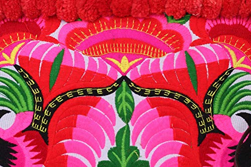 Red Pom Pom Clutch Bag with Embroidered Hmong Tribes Orchid Pattern
