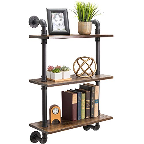 EXCELLO GLOBAL PRODUCTS 3-Tier Rustic Wooden Wall Floating Shelf Display 24"x36" with Iron Pipe for Kitchen, Bedroom, Office