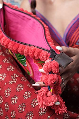 Red Pom Pom Clutch Bag with Embroidered Hmong Tribes Orchid Pattern
