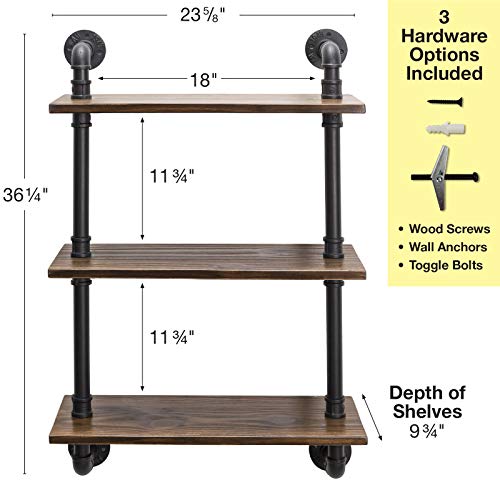EXCELLO GLOBAL PRODUCTS 3-Tier Rustic Wooden Wall Floating Shelf Display 24"x36" with Iron Pipe for Kitchen, Bedroom, Office