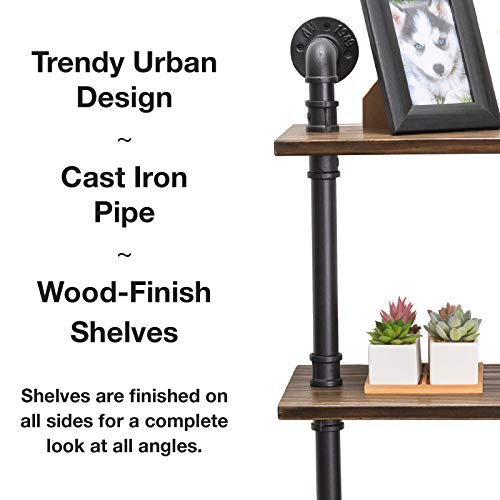 EXCELLO GLOBAL PRODUCTS 3-Tier Rustic Wooden Wall Floating Shelf Display 24"x36" with Iron Pipe for Kitchen, Bedroom, Office