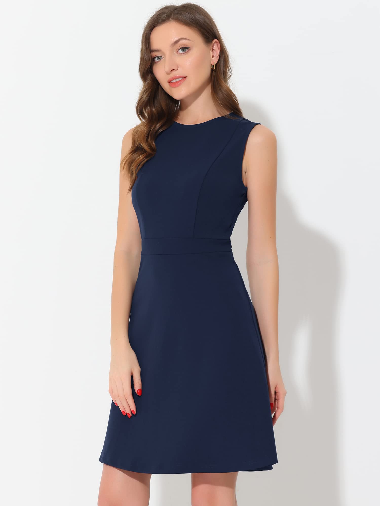 Allegra K Women's Work Dress Round Neck Solid Color Sleeveless A-Line Casual Office Dresses Medium Dark Blue