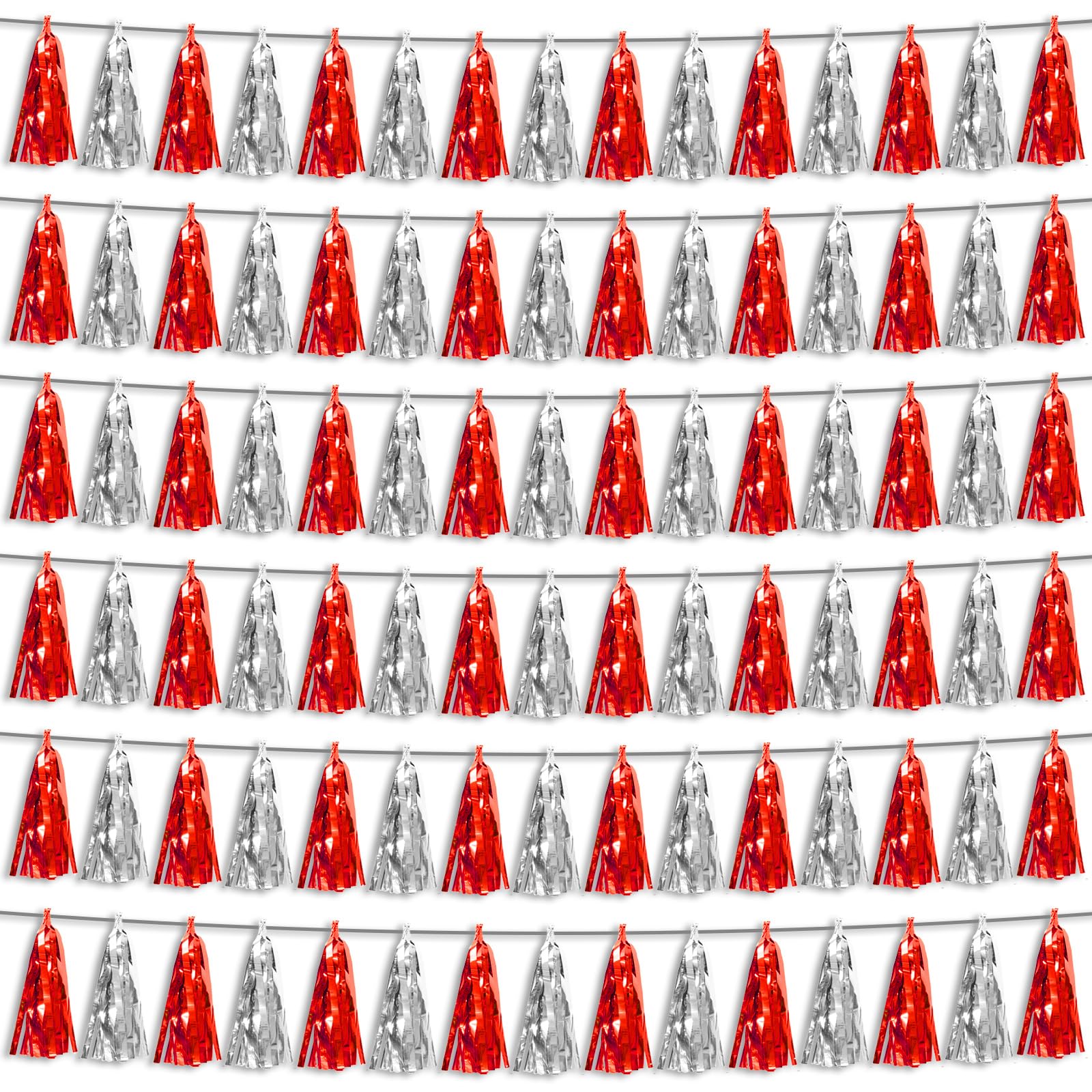 6P Foil Fringe Metallic Tassel Streamers Banner Tassel Garland for Parade Floats, Bachelorette, Wedding, Birthday, Halloween, Christmas, Bridal/Baby Shower Party Decorations (RedSilver)