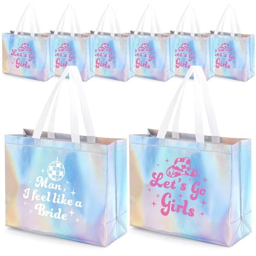 ICoDeesse 8 Pcs Let’s Go Girls Bachelorette Iridescent Tote Bags Reusable Holographic Bridesmaid Gift Bag With White Handles Retro Disco Cowgirl Party Accessories Western Cowgirl Theme Party Favors