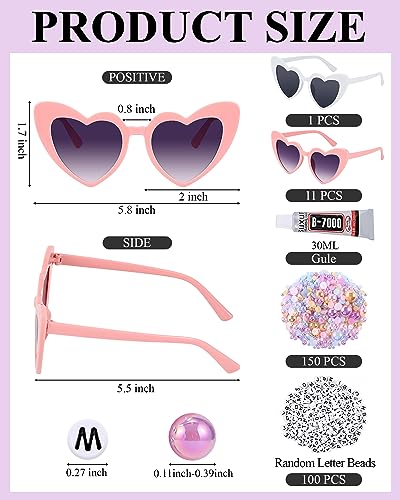 Xuhal 12 Pairs Valentines Day Heart Party Sunglass Bulk Bachelorette Glasses with DIY Letter Bead Pearl for Wedding Party(White, Pink)