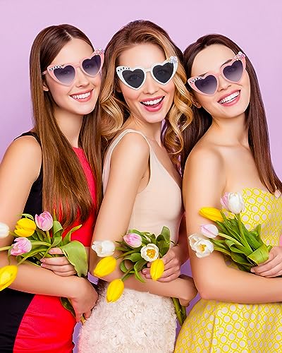 Xuhal 12 Pairs Valentines Day Heart Party Sunglass Bulk Bachelorette Glasses with DIY Letter Bead Pearl for Wedding Party(White, Pink)