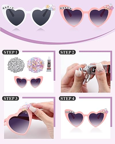 Xuhal 12 Pairs Valentines Day Heart Party Sunglass Bulk Bachelorette Glasses with DIY Letter Bead Pearl for Wedding Party(White, Pink)