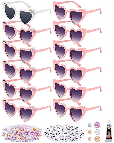 Xuhal 12 Pairs Valentines Day Heart Party Sunglass Bulk Bachelorette Glasses with DIY Letter Bead Pearl for Wedding Party(White, Pink)