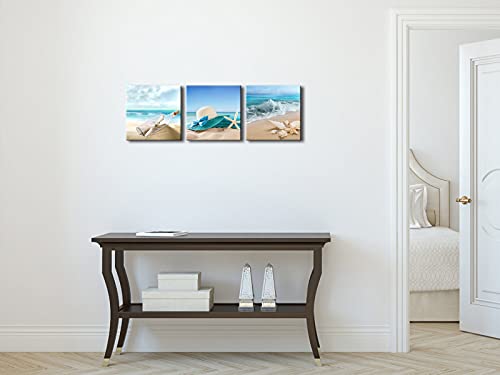 Pyradecor 3 Panels Starfish Seashell Bottle Beach Pictures on Canvas Wall Art Modern Seascape Stretched and Framed Giclee Canvas Prints Seaview Landscape Artwork for Bedroom Home Office Decorations