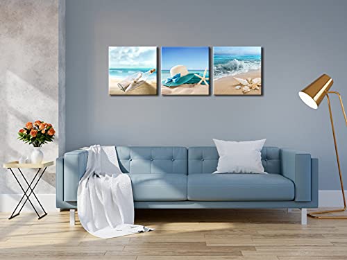 Pyradecor 3 Panels Starfish Seashell Bottle Beach Pictures on Canvas Wall Art Modern Seascape Stretched and Framed Giclee Canvas Prints Seaview Landscape Artwork for Bedroom Home Office Decorations