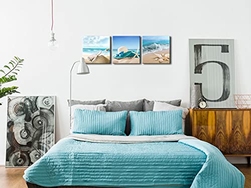 Pyradecor 3 Panels Starfish Seashell Bottle Beach Pictures on Canvas Wall Art Modern Seascape Stretched and Framed Giclee Canvas Prints Seaview Landscape Artwork for Bedroom Home Office Decorations