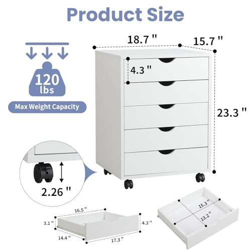 NEWBULIG 5 Drawer Storage Organizer, Wood File Cabinets with Wheels, Large Printer Stand for Home Office Study Dressing Room