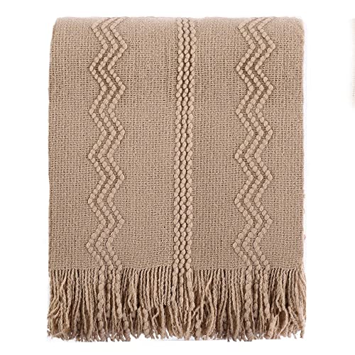 BATTILO HOME Tan Throw Blanket for Bed, Boho Decorative Tan Blanket for Couch, Taupe Throw Blanket for Home Decor, 50"x60"