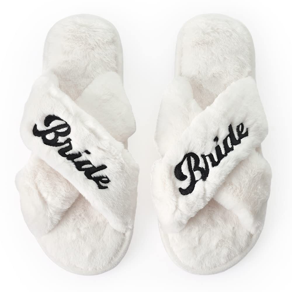 xo, Fetti Bride Slippers, White Fur, S/M | Bachelorette Party Decorations, Wedding Day Sandals, Bridesmaid Gift, Bridal Shower Party Favor