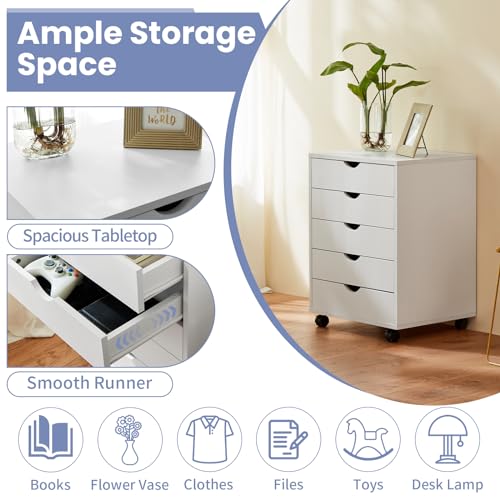 NEWBULIG 5 Drawer Storage Organizer, Wood File Cabinets with Wheels, Large Printer Stand for Home Office Study Dressing Room