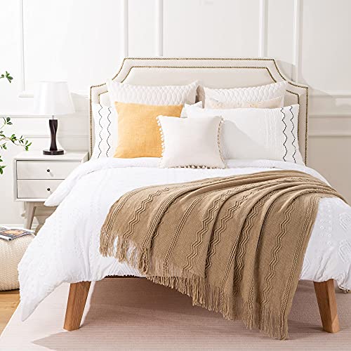 BATTILO HOME Tan Throw Blanket for Bed, Boho Decorative Tan Blanket for Couch, Taupe Throw Blanket for Home Decor, 50"x60"