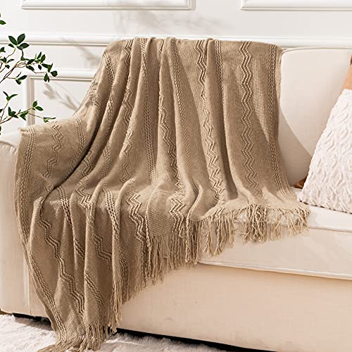 BATTILO HOME Tan Throw Blanket for Bed, Boho Decorative Tan Blanket for Couch, Taupe Throw Blanket for Home Decor, 50"x60"