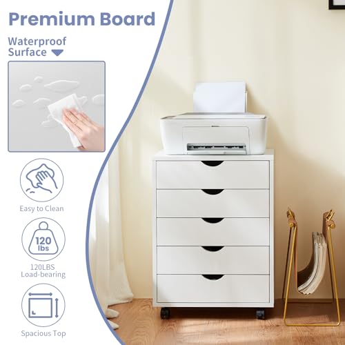 NEWBULIG 5 Drawer Storage Organizer, Wood File Cabinets with Wheels, Large Printer Stand for Home Office Study Dressing Room