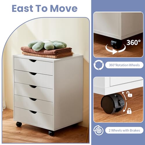 NEWBULIG 5 Drawer Storage Organizer, Wood File Cabinets with Wheels, Large Printer Stand for Home Office Study Dressing Room