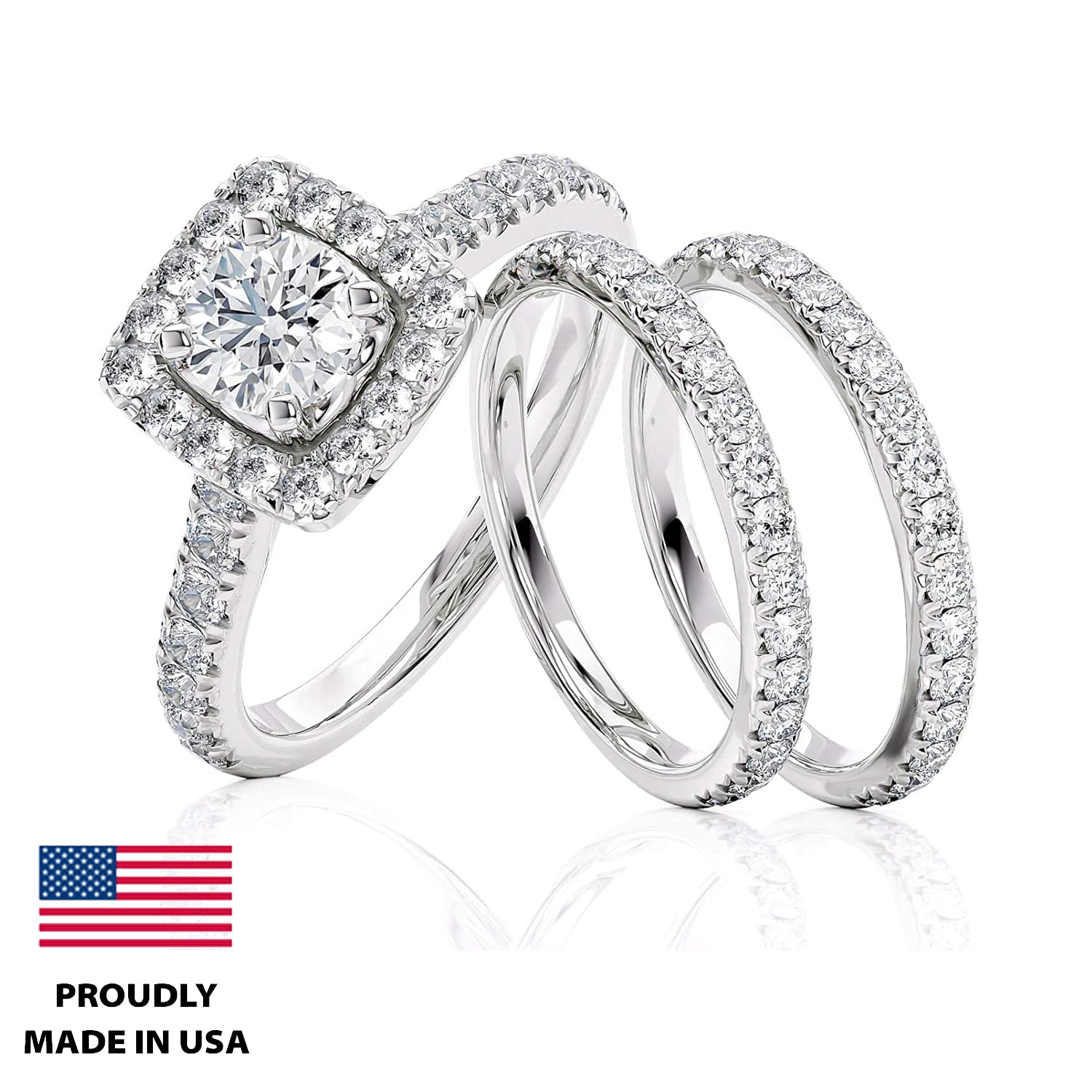 Beverly Hills Jewelers 3 Carat Total Weight Diamond Engagement Ring In 14 Karat White Gold Stunningly Hand Crafted By (8.5) Made in USA