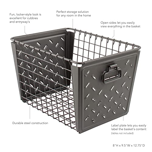 Spectrum Diversified Macklin, Stamped Steel & Wire Basket for Closet & Cubby Storage Vintage-Inspired Design with Customizable Label Plate, Medium, Industrial Gray