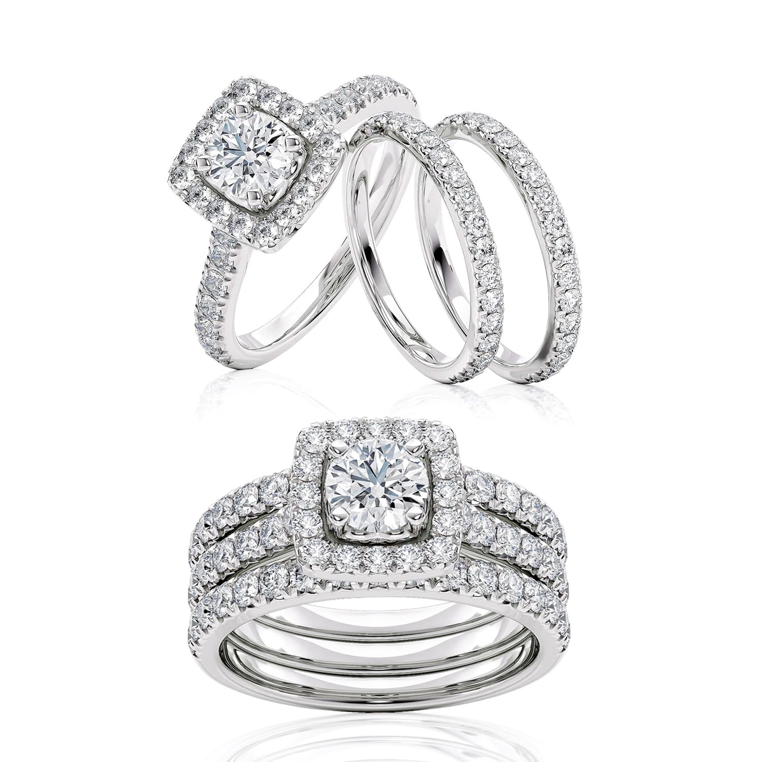 Beverly Hills Jewelers 3 Carat Total Weight Diamond Engagement Ring In 14 Karat White Gold Stunningly Hand Crafted By (8.5) Made in USA