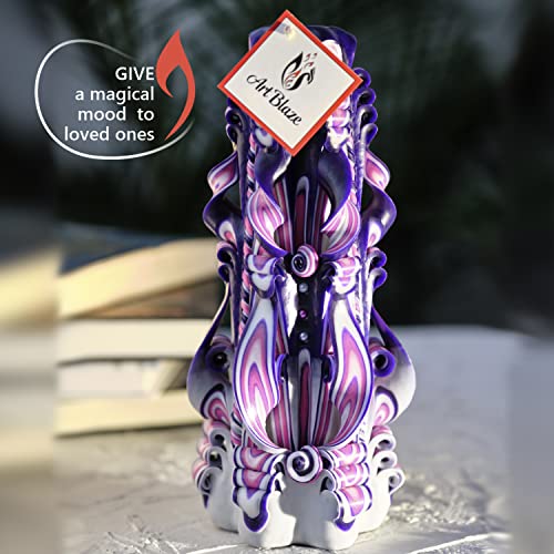 Carved Candles - Unique Handmade Candles Long Burning - Unscented Decorative Candle - Luxury Candles for Home Decor - Birthday Anniversary Mother’s Day Romantic Relaxing Gift for Women - Big Purple