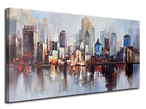 Arjun Brooklyn Bridge Wall Art Modern New York Abstract Canvas Cityscape Painting Large Framed, Colorful NYC Skyline Textured Picture for Living Room Bedroom Home Office Decor 60"x30" Original Design