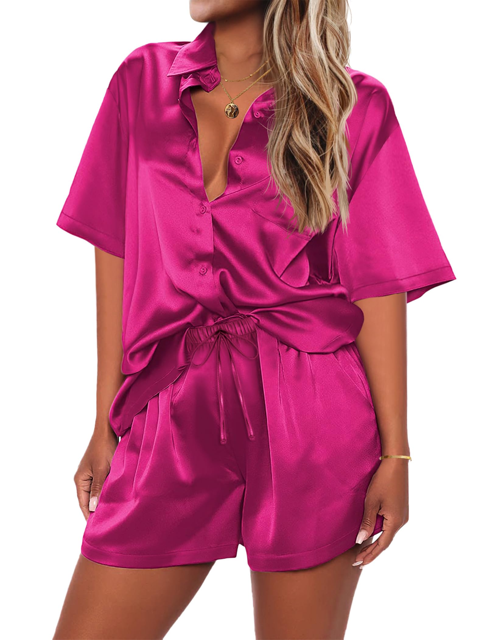 Ekouaer Pajamas for Women Silk Soft Sleepwear Short Sleeve Button Down Pjs Satin Top and Shorts 2 Piece Lounge Set,Rose,XXL