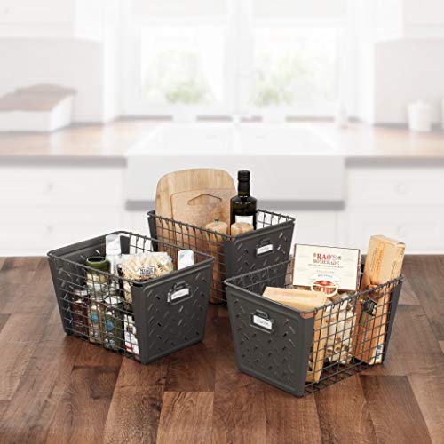 Spectrum Diversified Macklin, Stamped Steel & Wire Basket for Closet & Cubby Storage Vintage-Inspired Design with Customizable Label Plate, Medium, Industrial Gray