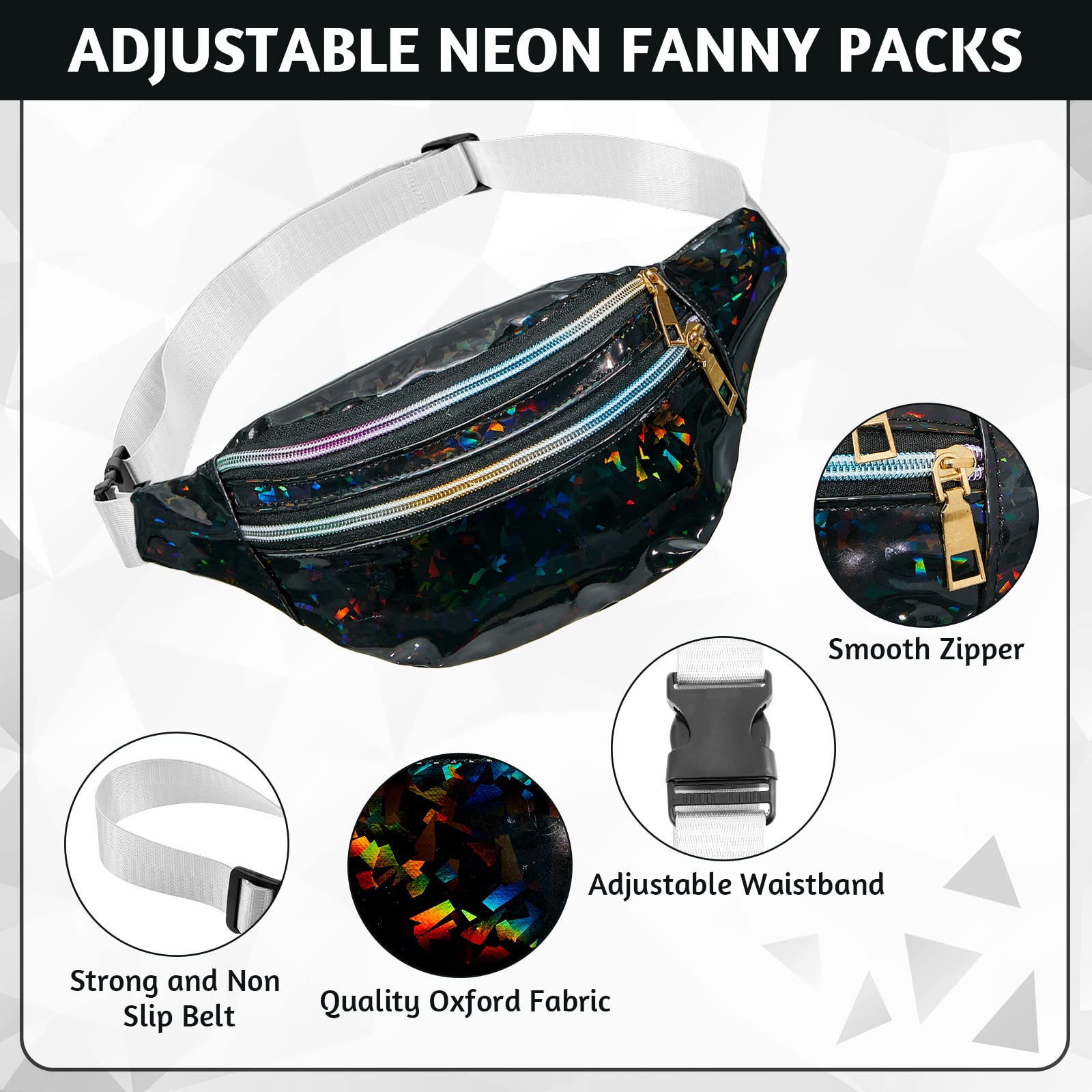 Saintrygo 7 Pack Wedding Bachelorette Fanny Pack Holographic Fanny Pack Bride Bridesmaid Waist Bag for Bachelorette Party(Silver, Black)