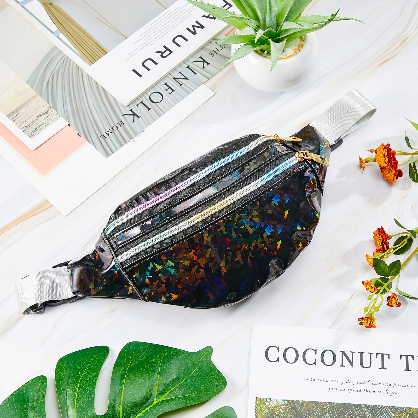 Saintrygo 7 Pack Wedding Bachelorette Fanny Pack Holographic Fanny Pack Bride Bridesmaid Waist Bag for Bachelorette Party(Silver, Black)