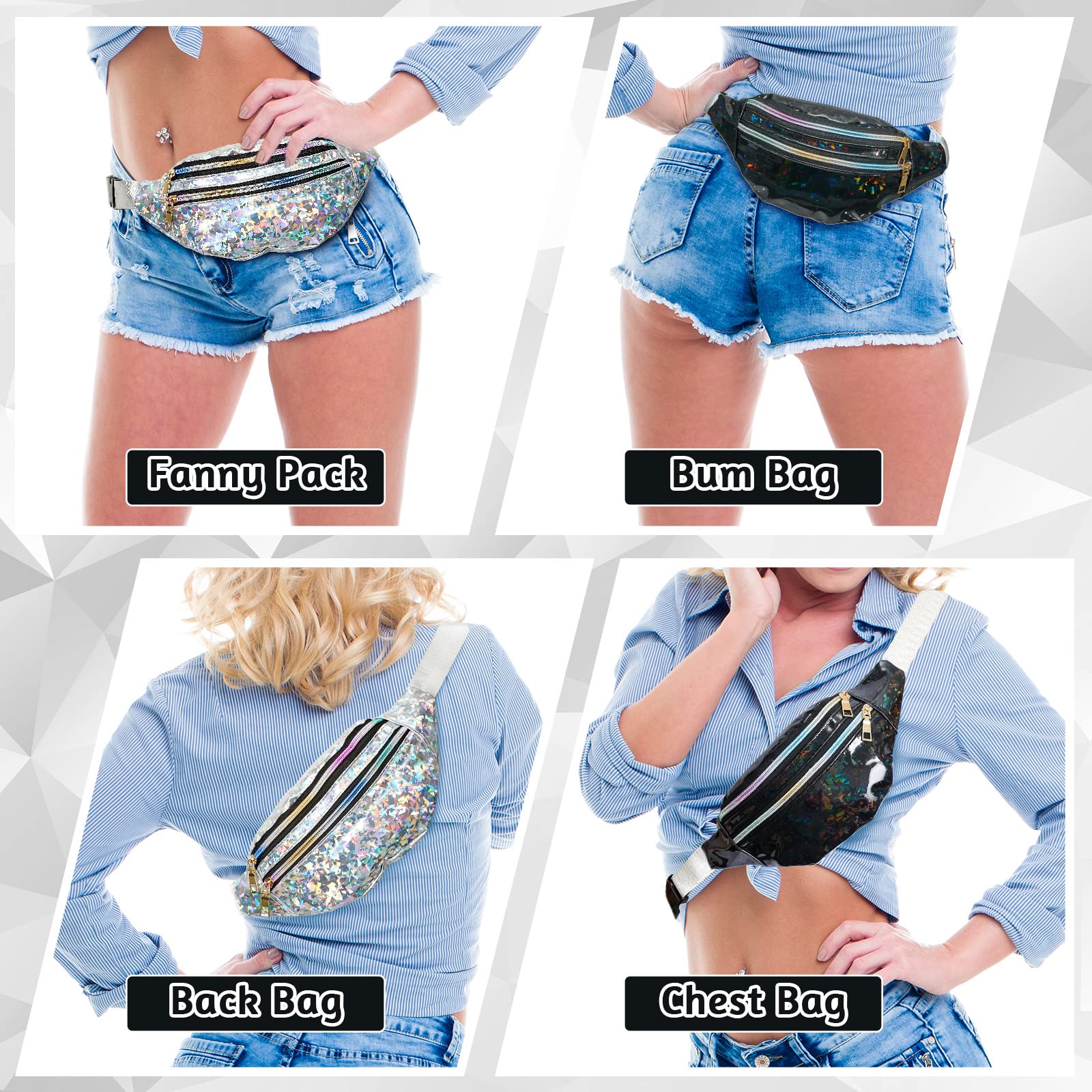 Saintrygo 7 Pack Wedding Bachelorette Fanny Pack Holographic Fanny Pack Bride Bridesmaid Waist Bag for Bachelorette Party(Silver, Black)