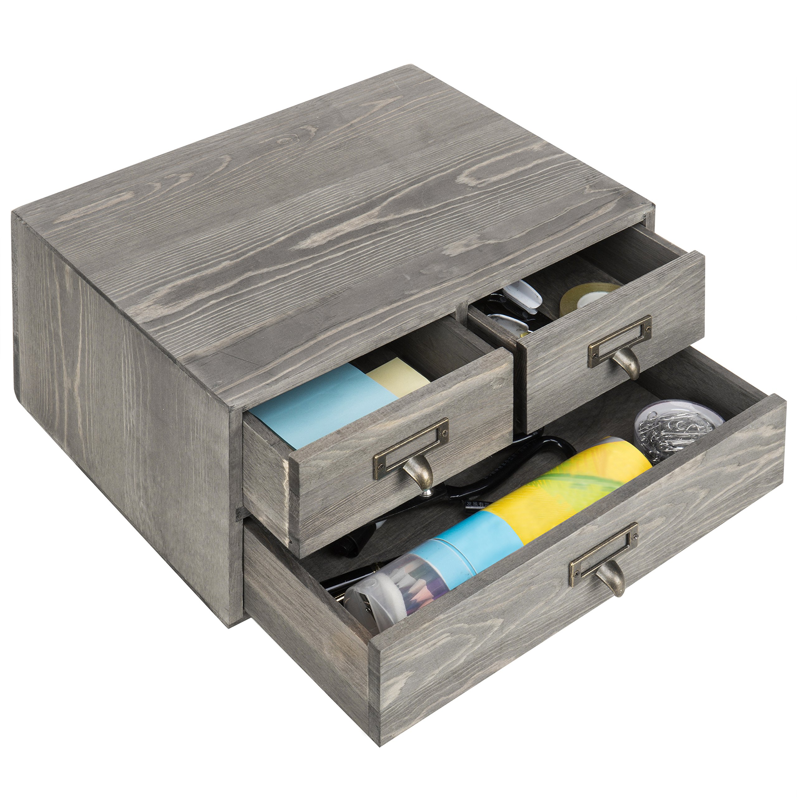 MyGift Rustic Gray Solid Wood Office Supplies Desk Organizer with 3 Pull Out Drawers and Metal Label Holder