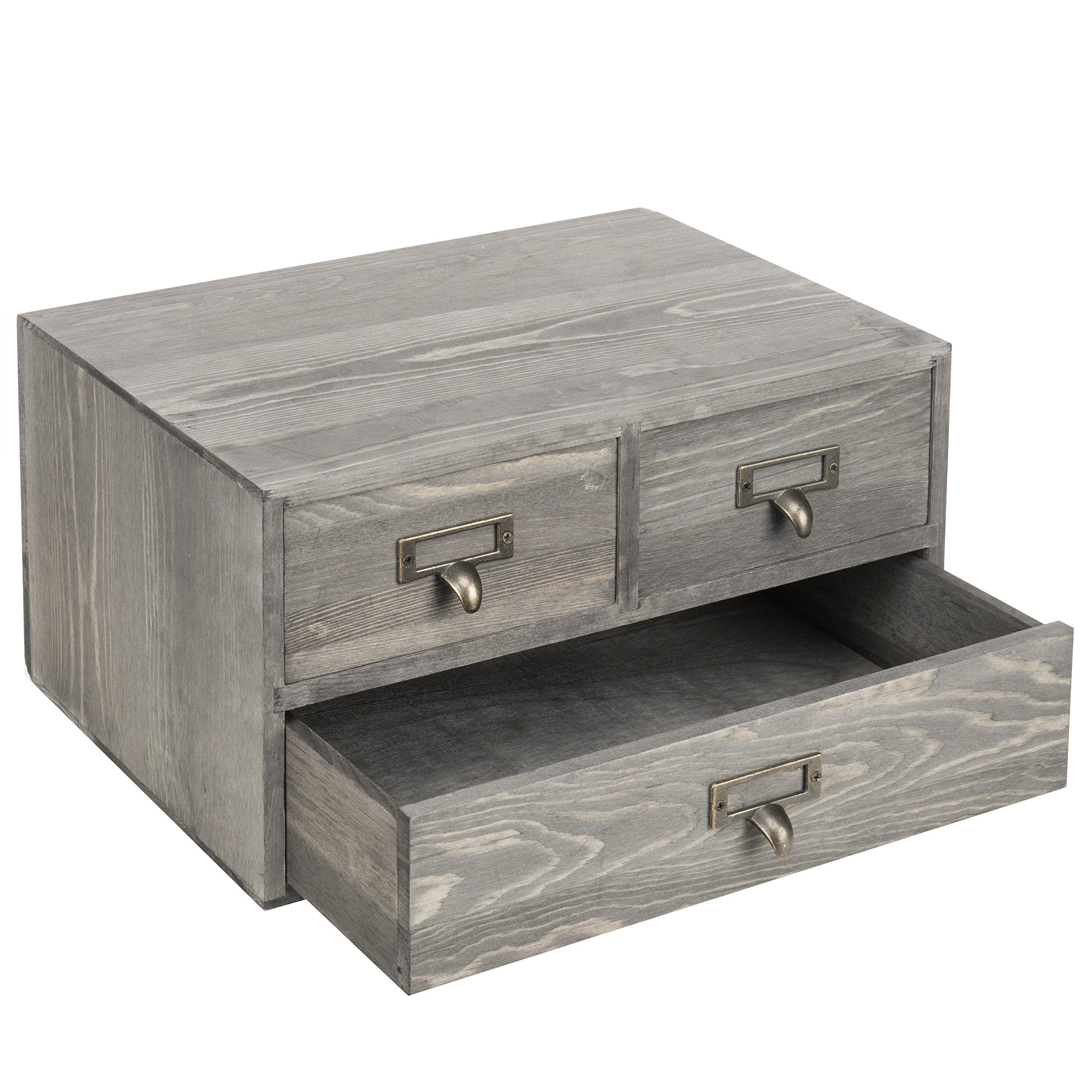 MyGift Rustic Gray Solid Wood Office Supplies Desk Organizer with 3 Pull Out Drawers and Metal Label Holder