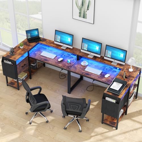 Loomie L Shaped Computer Desk with Power Outlets, 55"Wx41"D Reversible Corner Desk with LED Light, Drawer & Monitor Stand,Home Office Gaming Desk with 4 Tier Storage Shelves & Bag, Study Table,Rustic