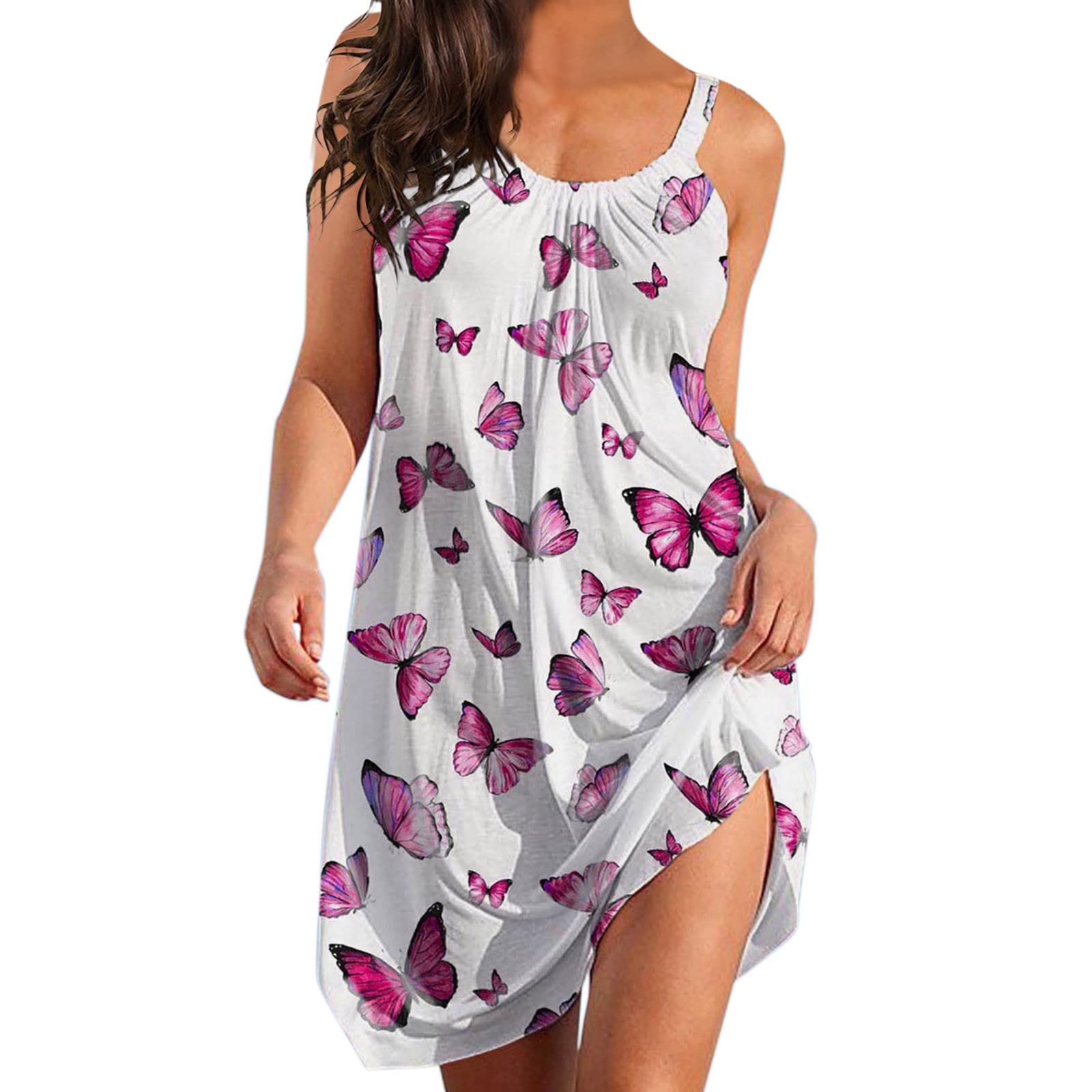 Women's Fashion Sexy Sleeveless Cute Cartoon Print Hem Loose Beach Dress Office Dresses for Women for Work Pink