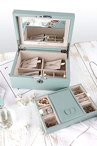 Vlando Lockable Jewelry Box, Two Tray Jewelries Collections Organizer, Girls Gift -Aqua Green