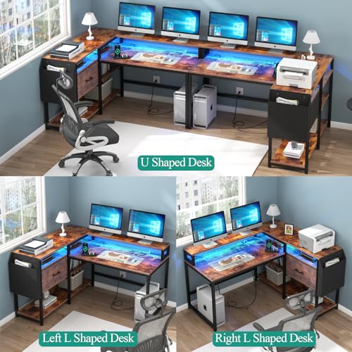 Loomie L Shaped Computer Desk with Power Outlets, 55"Wx41"D Reversible Corner Desk with LED Light, Drawer & Monitor Stand,Home Office Gaming Desk with 4 Tier Storage Shelves & Bag, Study Table,Rustic