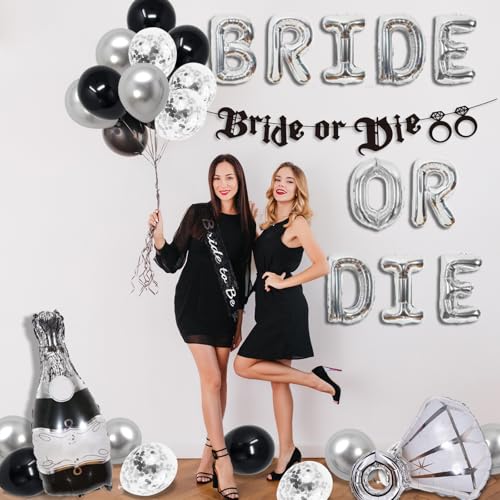 Bride or Die Bachelorette Party Decorations - Silver and Black Bride or Die Balloons,Banner and Bride To Be Sash for Engagement Wedding Bachelorette Party Supplies