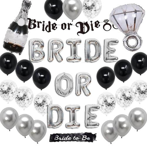 Bride or Die Bachelorette Party Decorations - Silver and Black Bride or Die Balloons,Banner and Bride To Be Sash for Engagement Wedding Bachelorette Party Supplies