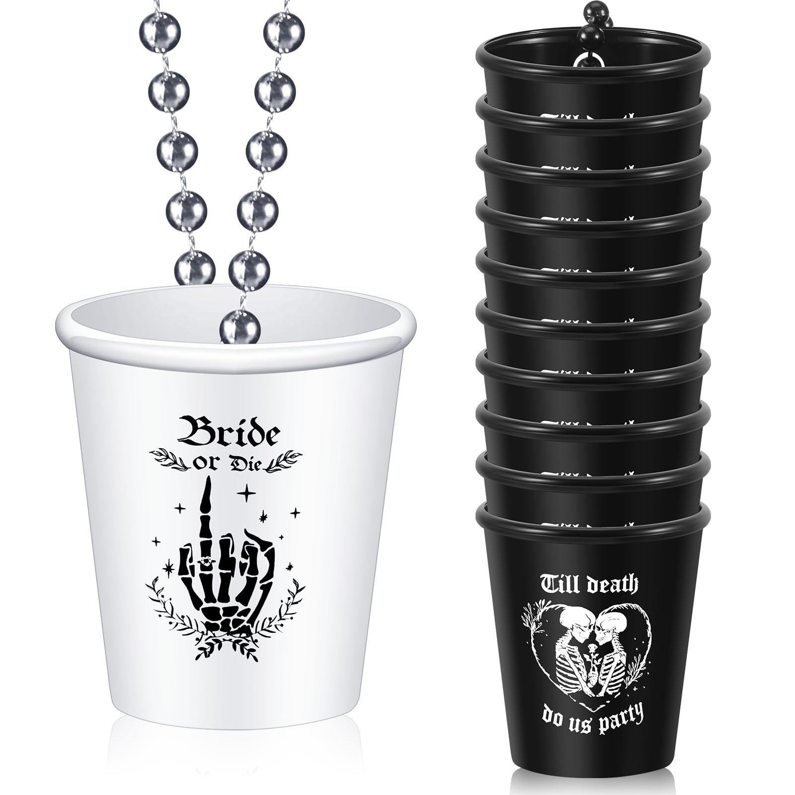 Dandat 12 Pcs Bride or Die Bachelorette Shot Glass Halloween Party Plastic Shot Glass Necklaces Halloween Gothic Skull Bridal Shower Party Favor for Wedding Engagement Party