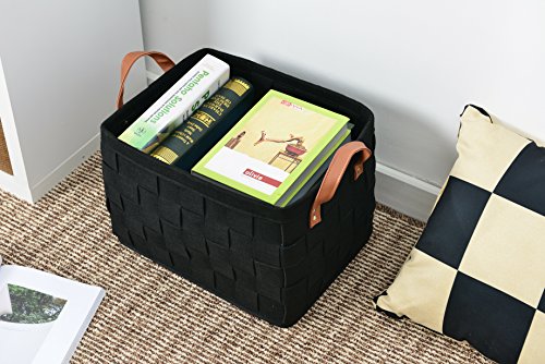 Collapsible Storage Basket Bins, Foldable Handmade Rectangular Felt Fabric Storage Box Cubes Containers with Handles- Large Organizer For Nursery Toys,Kids Room,Towels,Clothes, Black （16"x11.8"x11.5"）